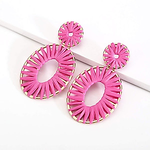 BaubleStar Kiera Raffia Tassel Fringe Rattan Hoop Drop Statement Earrings Hot Pink Tiered Thread Handmade Round Oval Cirle Dangle Fashion Jewelry for Women