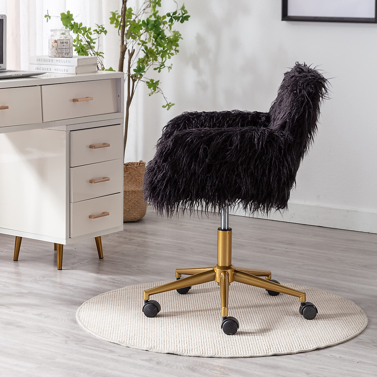 Goujxcy Fluffy Desk Chair, Faux Fur Swivel Home Office Chair Height Adjustable Vanity Accent Chair for Girls Women, Modern Cute Furry Makeup Chairs for Bedroom Living Room, Black