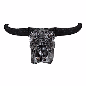 Ebros Gift Silver and Black Tribal Floral Vines Tooled Steer Bison Bull Cow Skull Head with Horns Wall Mount Decor Artistic Replica Native Animal Bust Skulls Hanging Mounted Plaque Sculpture