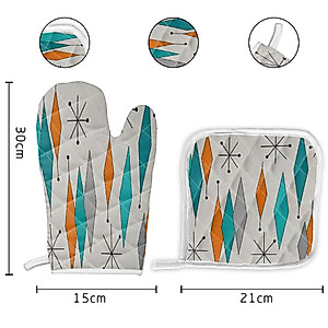 Chic D Kitchen Oven Mitts Gloves and Pot Holders Sets, Retro Modern Mid Century Geometric Heat Resistant Oven Mittens and Potholders Hot Pads Set Non-Slip for Cooking BBQ Baking Grilling