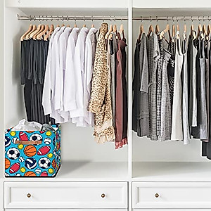 Cube Storage Organizer Bins 13x13 Sport Ball Blue Fabric Storage Cubes Bin Foldable Baskets Square Box with Dual Plastic Handles for Shelf Nursery Cabinet Clothes Toys