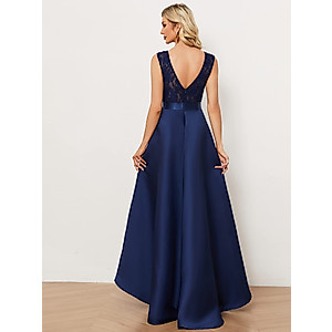 Ever-Pretty Women's Sleeveless Round Neck Asymmetry Hem Lace Satin Summer Wedding Guest Dresses Navy Blue US4