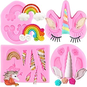 ZiXiang Unicorn Silicone Molds Unicorn Horn Ears Rainbow Fondant Molds For Cake Decorating Cupcake Topper Jelly Chocolate Candy Polymer Clay Gum Paste Set of 4