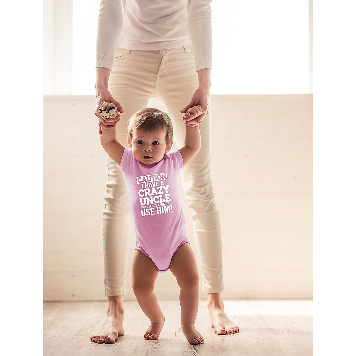 CBTwear Caution I Have a Crazy Uncle Not Afraid to Use Him Baby Bodysuit Cute Newborn Romper Clothes (Newborn, Pink)