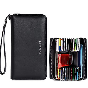 Geestock Large Capacity Credit Card Wallet, 24 Slots RFID Blocking Leather Card Holder Wallets, Zipper Organizer Accordion Wallet for Women Men, Black