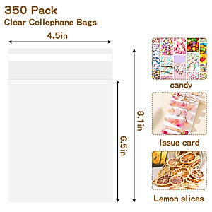 Tomnk Cellophane Bags, 4.5 x 6.5 Inches Self Sealing Cellophane Bags 350 Pack Resealable Clear Cookie Bags for Bakery, Chocolate Wrapping & Packaging