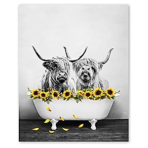 ECOTOB Highland Cow Wall Art Western Animal with Farmhouse Yellow Floral Sunflower Canvas Wall Art Abstract Painting Grey Bull Pictures for Bathroom Bedroom Living Room Framed Ready to Hang, 12x16