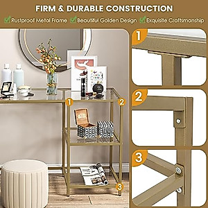 Tangkula Tempered Glass Computer Desk with 2-Tier Storage Shelves, Modern Computer Workstation, Vanity Makeup Table, Sturdy Metal Frame, Home Office Desk, Student Writing Study Desk (Gold)