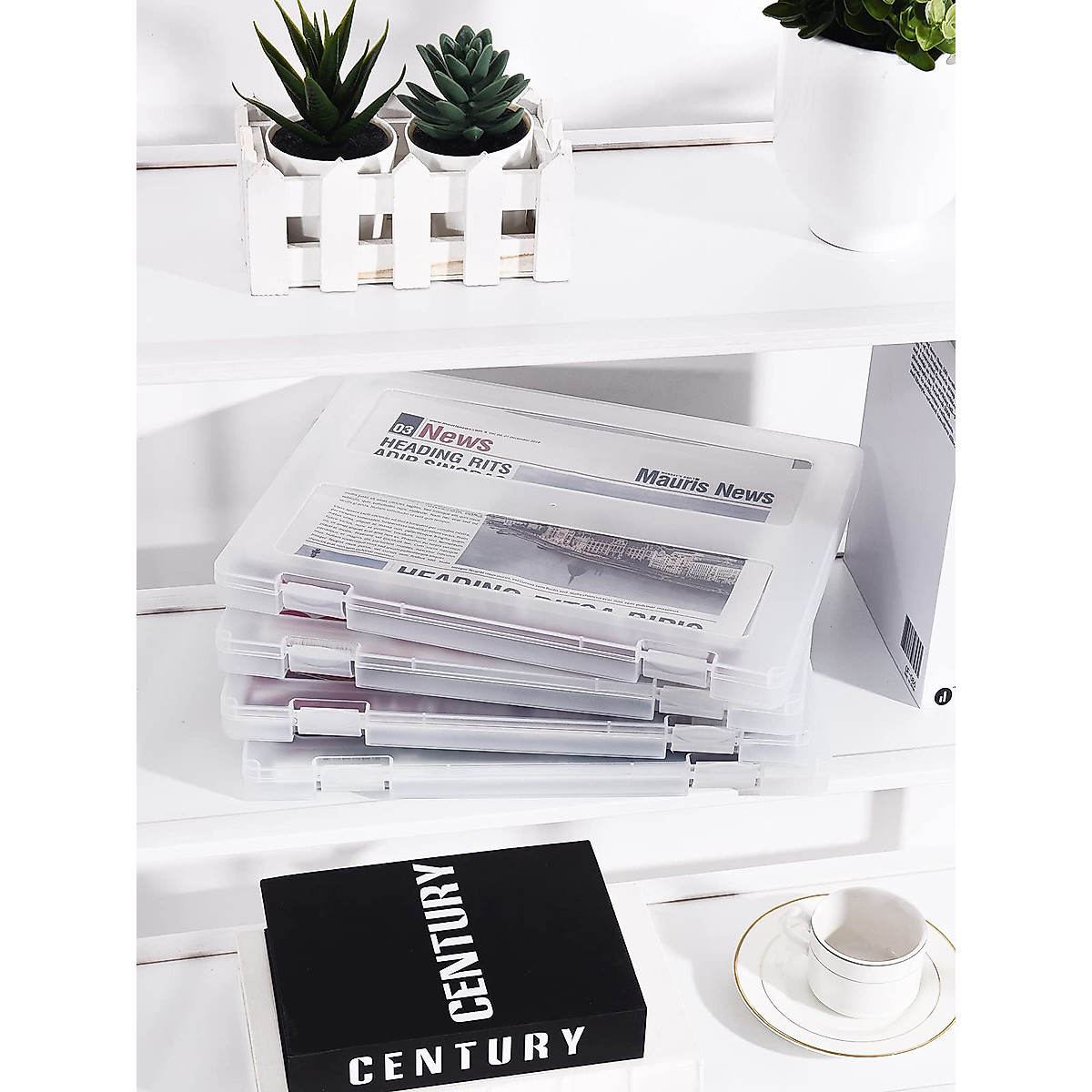 Denkee 4 Pack A4 File Portable Project Case, Plastic Storage Box for 8.5" x 11" Letter A4 Paper, Documents Magazines Paper Protector, Office School Supplies Accessories Storage Organizer Boxes (12.2 x 8.9 x 0.71 in)