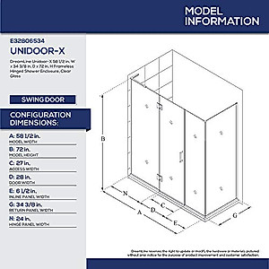 DreamLine Unidoor-X 58 1/2 in. W x 34 3/8 in. D x 72 in. H Frameless Hinged Shower Enclosure in Chrome, E32806534L-01