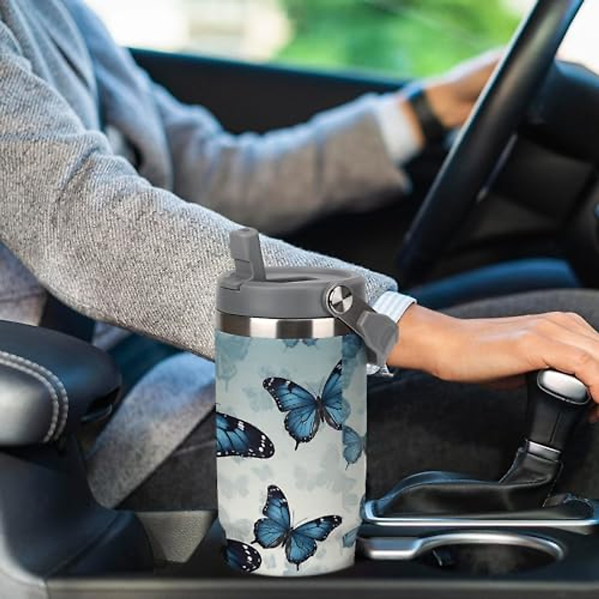 STVNKML 30 Oz Tumbler with Handle And Straw, Blue Butterfly Leakproof Stainless Steel Water Bottle for Hot & Cold Drinks 24 Hours, Car Cup Holder Friendly, Travel Mug for Home, Office, Gym
