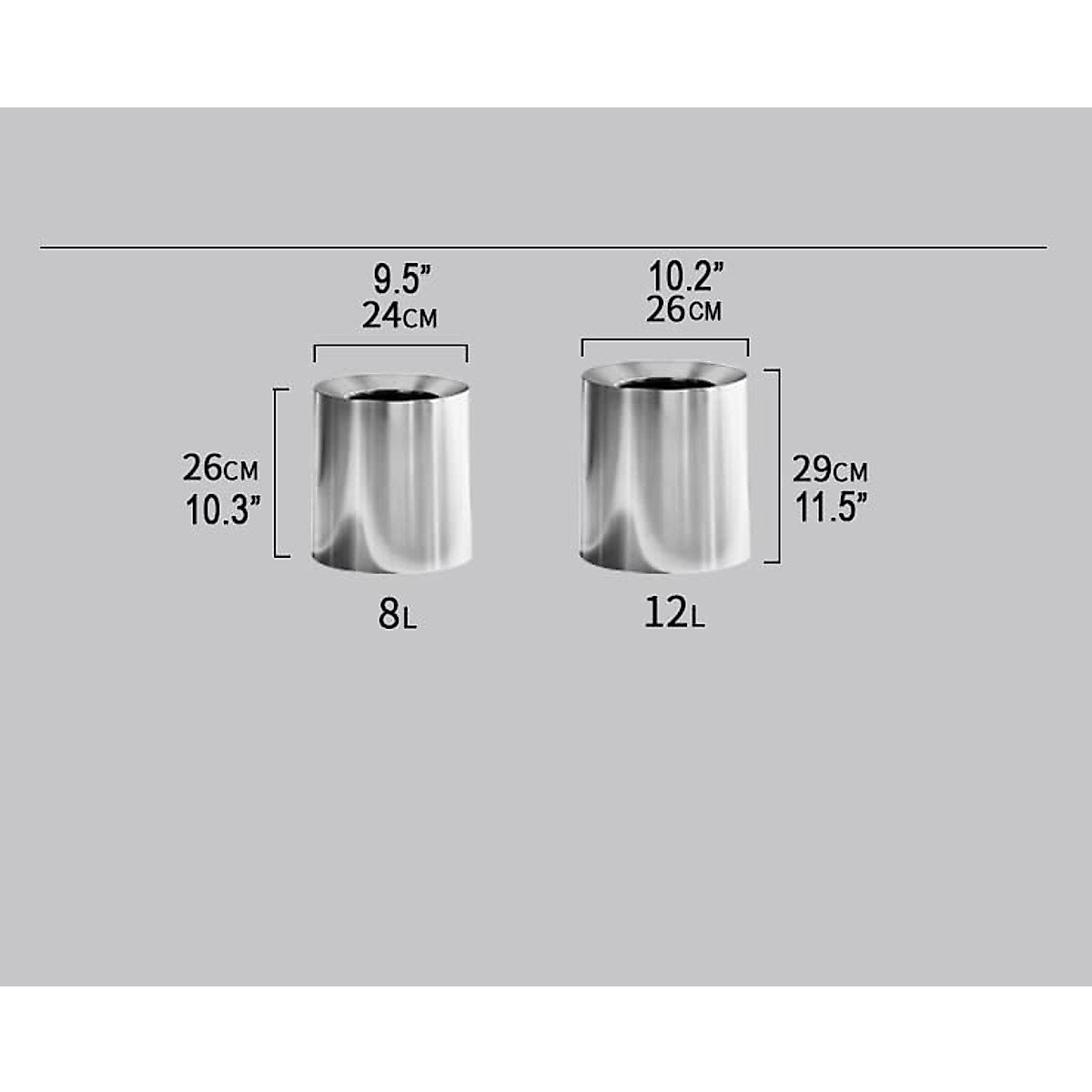 Sleek Metallic Silver Waste Basket - Stainless Steel Look Garbage Container - Spill Proof Trash Can - 12L/3.2Gal Capacity - Modern Garbage Pail - Futuristic Minimalist Style for Bedroom Living Room…