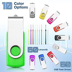50 Pack USB Flash Drives Bulk with Lanyards USB 2.0 Thumb Drive Swivel Storage Flash Drive Pack Bulk with LED Light for Data Storage Backup, 10 Colors (128 MB)