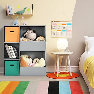 GLOBALWAY 5-Cube Kids Toy Storage Cabinet, Freestanding Children Bookcase w/ 2 Foldable Storage Bins, Open Multi-purpose Storage Display Organizer for Kids Room, Play Room, Hallway, Nursery