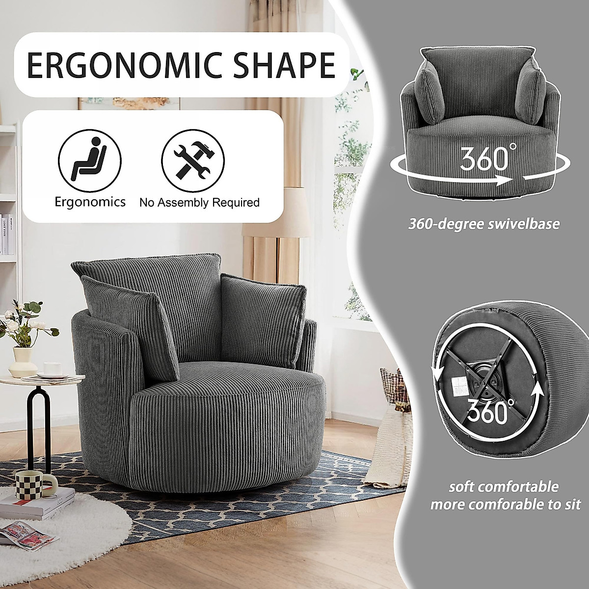 Chorlenimi Swivel Accent Chair,Corduroy Accent Chairs for Living Room,Comfy Living Room Chairs,Oversized Swivel Chair for Bedroom,360° Barrels Chairs,No Assembly Required