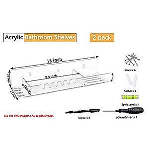 Hexsonhoma Acrylic Bathroom Shelves Organizer with Hooks Set of 2, Clear Floating Shelf for Shower Caddy, Wall Mounting Storage Shelves for Toiletries, Towels, Necklace, Soap