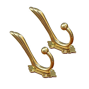 Tiazza 2Pcs Antique Solid Brass Clothes Hooks, Entryway Coat Hooks, Scarf and Jacket Hangers, Bath Towel Heavy Hooks (Gold)