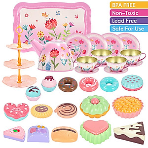 ShyLizard Tea Set for Little Girls, Kids Party Set Toys for 3 Year Old Girls, Princess Tea Set for Girls Gifts, Flower Design Tea Set Toys for Girls, Gifts for 3 4 5 6 Year Old Girls, 43PCS