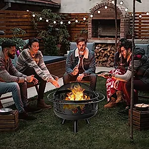 Giantex Round Fire Pit, 30 Inch Outdoor Wood Burning Fire Bowl with Fire Poker & Cooking Grill Grid, Spark Screen Cover, Heavy-Duty Metal Firepit for Patio Barbecue Camping Bonfire Party (Black)