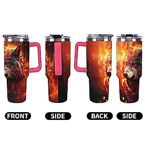 Fire Wolfs 40 Oz Car Cup Stainless Steel Travel Mug Leak-Proof Insulated Tumbler with Handle Light Rose Red-style