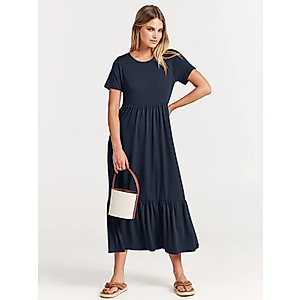 ANRABESS Women Summer Casual Short Sleeve Crewneck Aline Swing Flowy Tiered Shirt Maxi Beach Long Dress 2025 Trendy Outfits X-Large Navy Blue