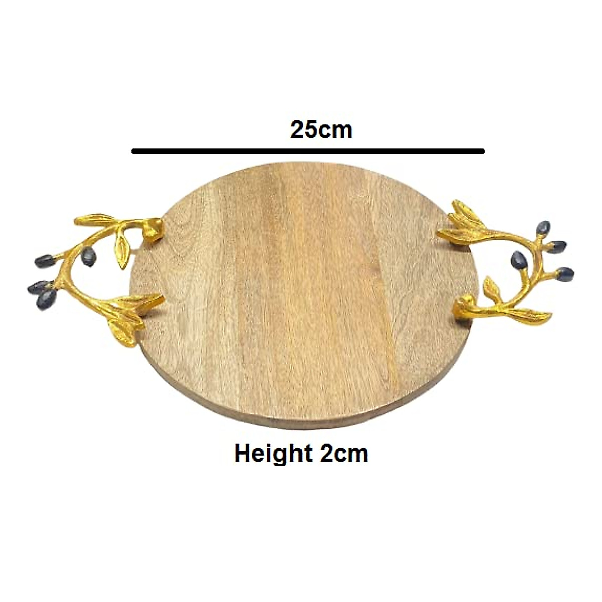 Robalo Acacia Wood Round Serving Tray with Metal Handles, 25cm Width, Brown