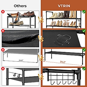VTRIN Shoe Rack 3 Tier Long Shoe Organizer for 16-20 Pairs of Shoes Stackable Fabric Metal Shoe Storage Shelf with Hook for Closet, Entryway, Garage, Black