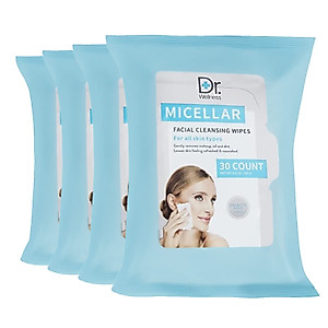 Micellar Face Wipes | 120 Micellar Wipes in 4 Packs, Good for Makeup Removal and Gerneal Facial Cleansing | Dr. Wellness