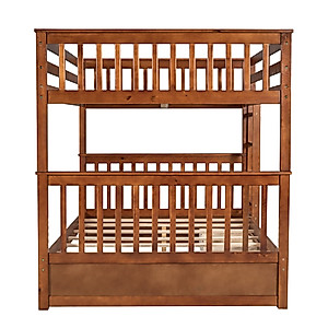 Harper & Bright Designs Full Over Full Bunk Bed with Storage Drawers, Solid Pine Wood Frame and Ladder with Guard Rails for Kids, Teens, Boys and Girls, No Box Spring Needed, Bunk Bed Walnut