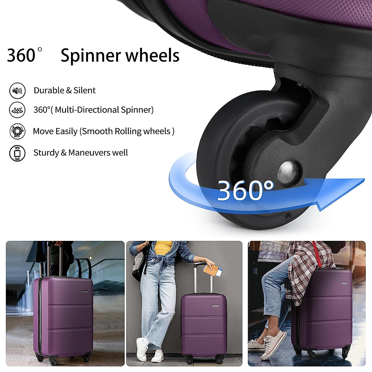 Lulusail LARVENDER Luggage Sets 3 Piece, Expandable(Only 28inch) ABS Durable Suitcase with Travel Bag, Clearance Carry On Luggage Suitcase Set with 360° Spinner Wheels for Women Men, Purple