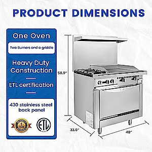 WMAOT 48" Commercial Range with 4 Burner 4.25 Cu.Ft 2 Electric Oven 24" Griddle 214000 BTU Manual Natural Gas Range for Commercial Kitchen Restuarant Bar