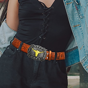 RechicGu Mens Western Leather Buckle Belt, Bull Head Engraved Brown Cowboy Concho Belts With Long Horn Bull Buckles, 1-1/2 Inch Wide S Silver