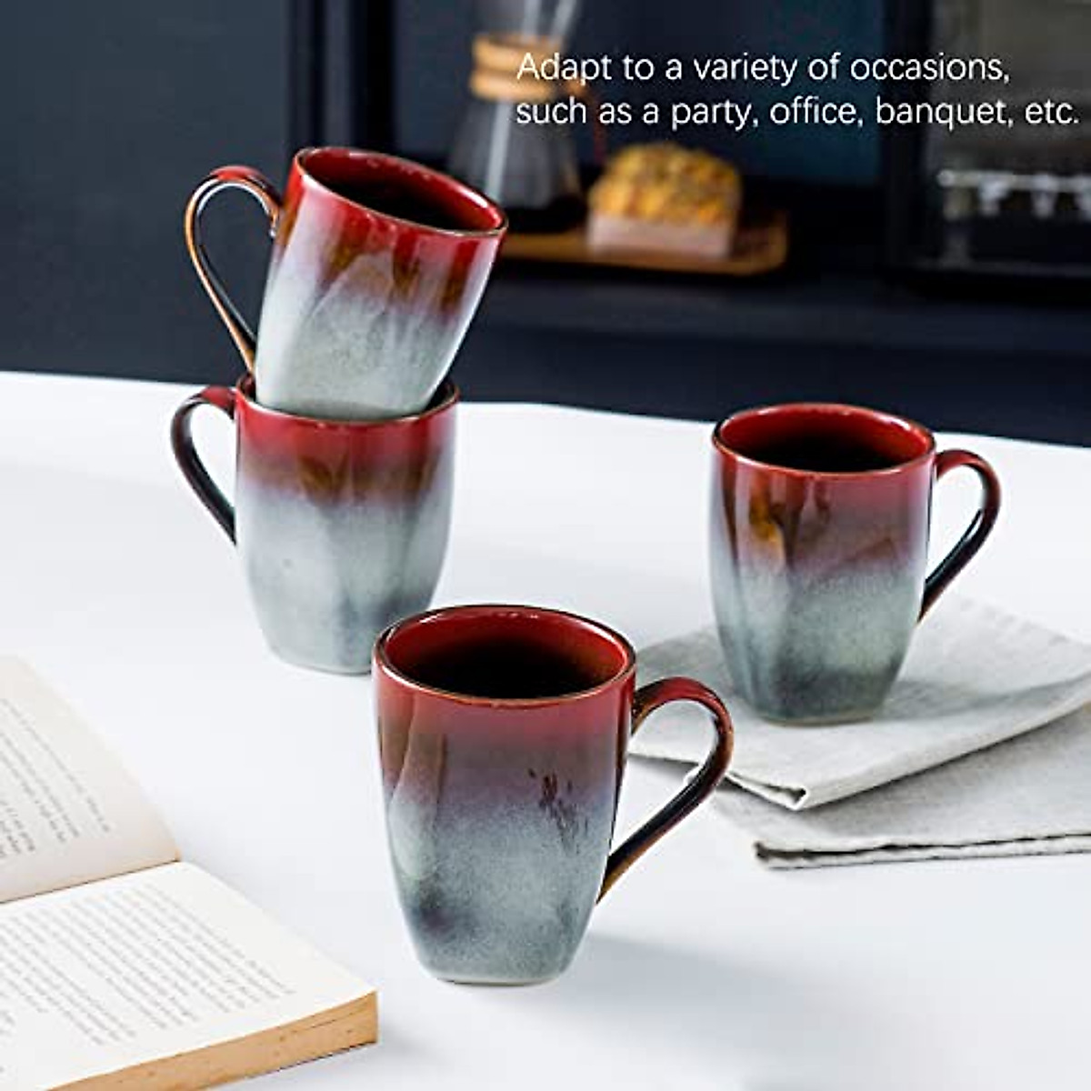 HENXFEN LEAD Coffee Mugs Set of 4 - Ceramic Cups 10 Oz with Large Handle for Coffee, Soup, Tea, Milk, Latte and Cocoa, Mug Gift Set Microwave & Oven, Dishwasher Safe - Red