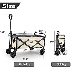 WHITSUNDAY Collapsible Folding Garden Outdoor Park Utility Wagon Picnic Camping Cart 5“ Solid Rubber Wheels (Beige, M-Foldable)