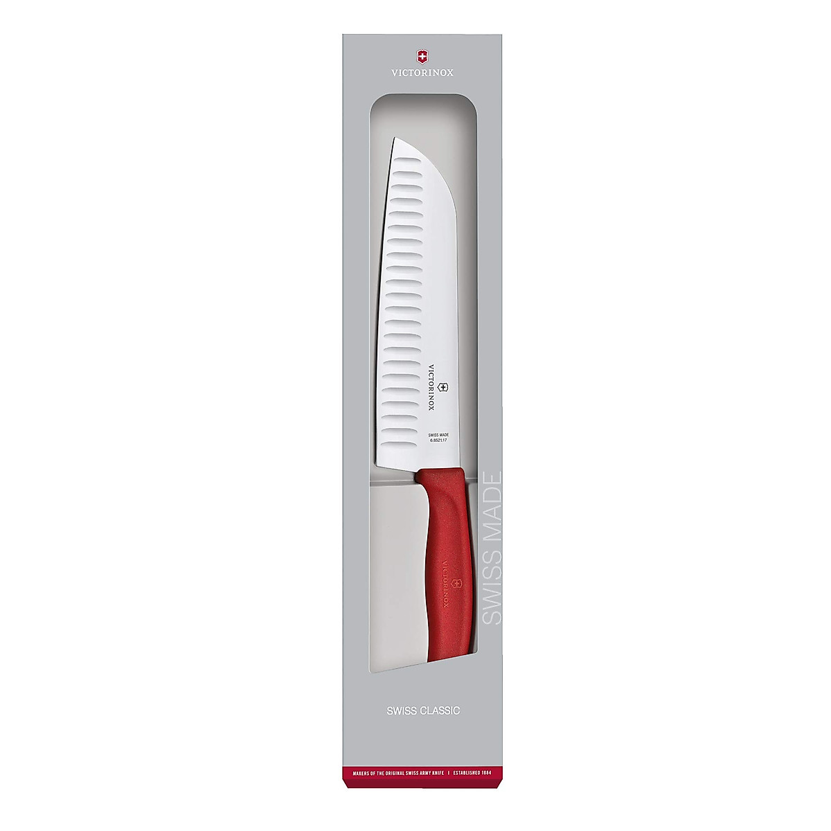 Victorinox 6.8521.17G Swiss Classic Santoku Knife for General-Purpose Slicing, Dicing, Mincing, and Everything In Between Fluted Edge Blade in Red, 6.7 inches