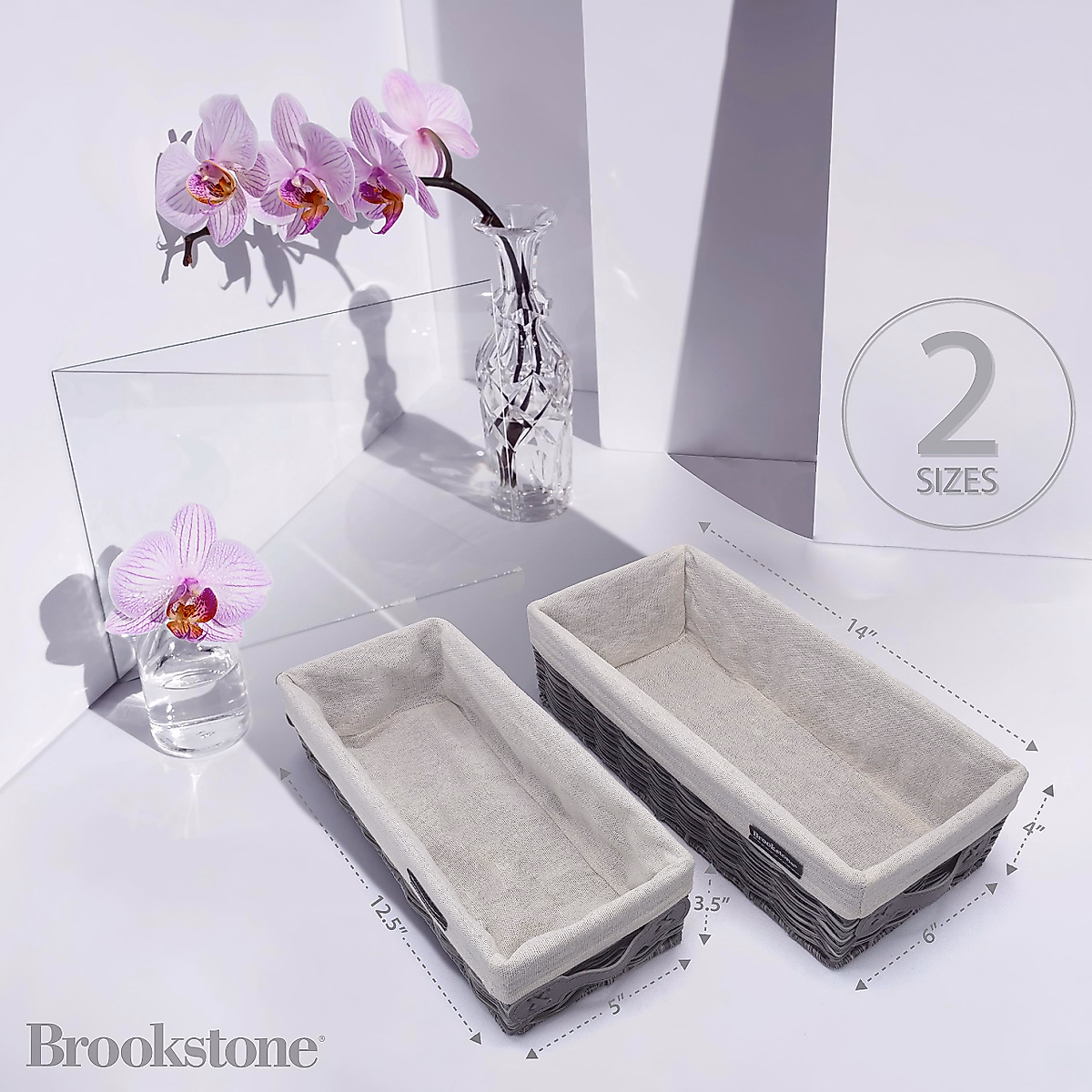 BROOKSTONE [2 PIECE SET] Wicker Storage Basket with Crafted Side Handles, Boho Organization and Storage, Woven Decorative Shelf Bin, Over the Toilet Paper Reserve, Suitable for Any Home Décor Style