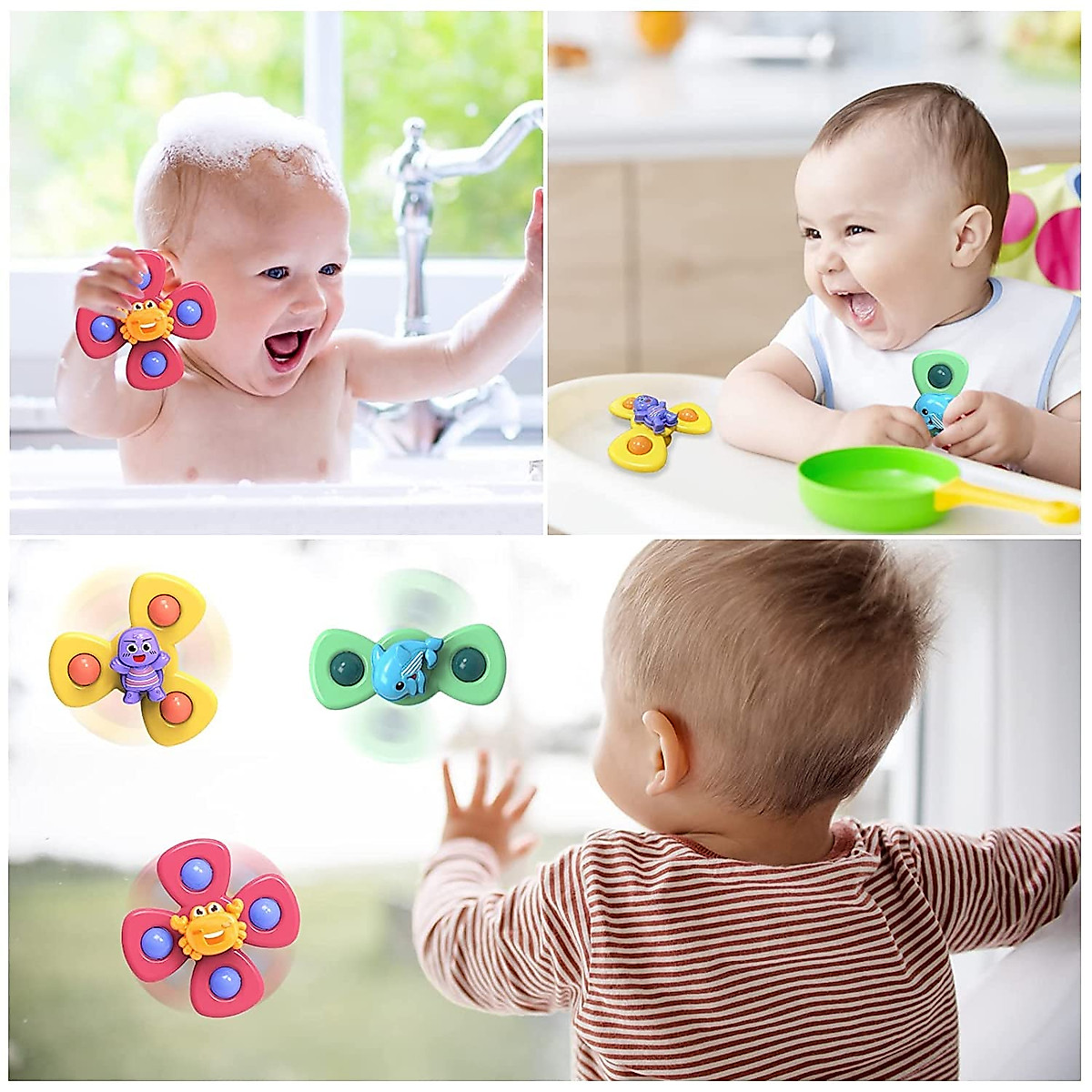 Chylldem Spinning Top Toys with New Upgrade Suction Cup for 6+ Month Boys and Girls, Baby Rattle Toy Set and Gifts for Babies, Crab, Turtle, Dolphin - 3 Count (Pack of 1)