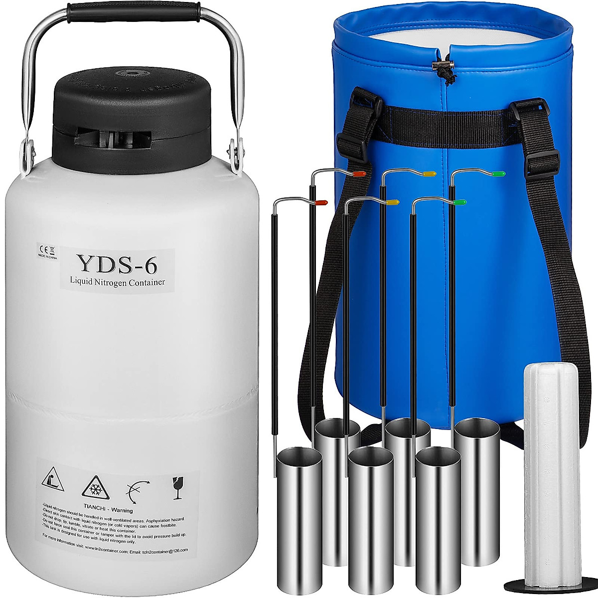 Vevor Liquid Nitrogen Tank 6L Aluminum Alloy Liquid Nitrogen Dewar Static Cryogenic Container Liquid Nitrogen Container with 6 Canisters and Carry Bag (6L): Industrial & Scientific