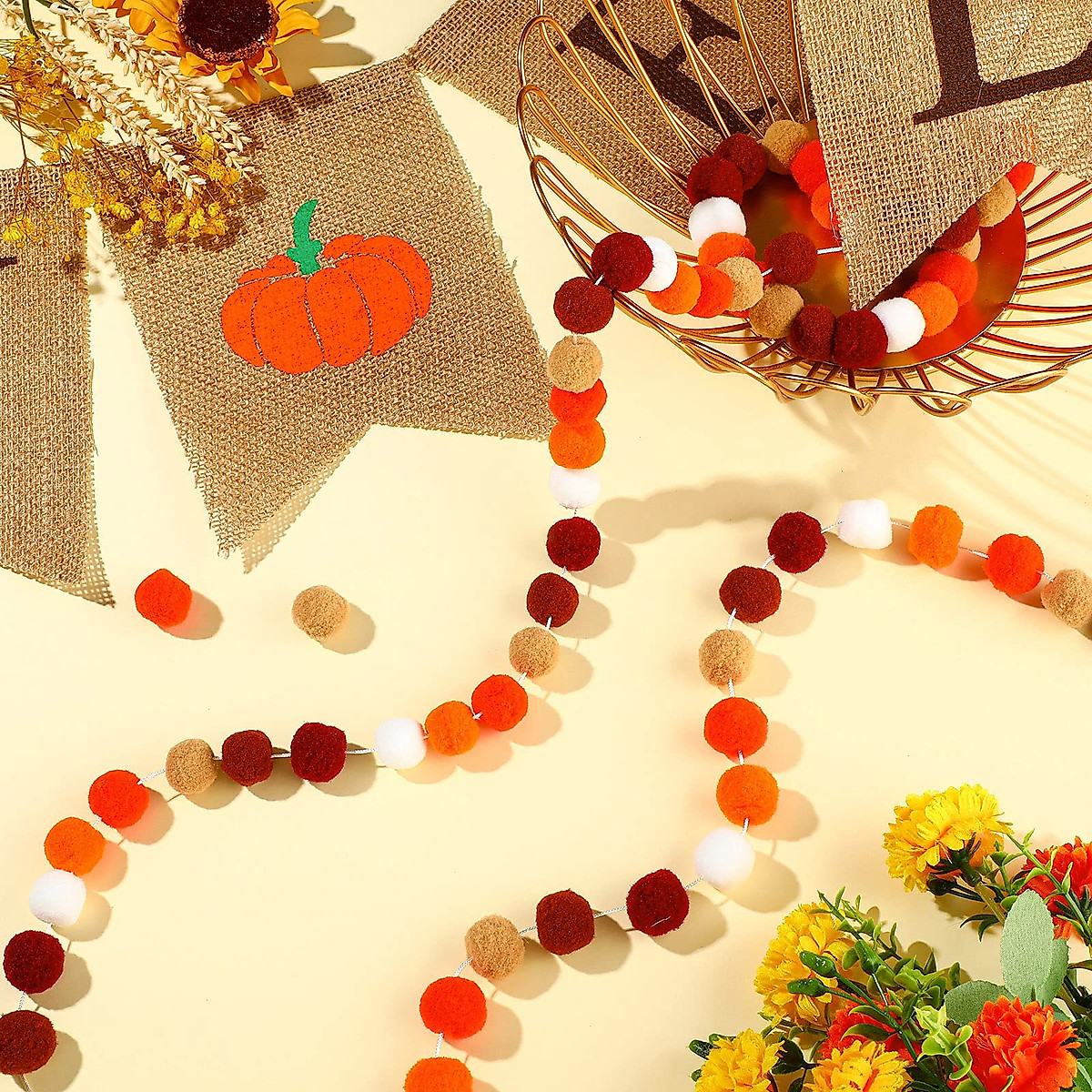 Fall Burlap Banner with 3 Pieces Fall Pom Pom Garland Wool Felt Ball Garland Thanksgiving Decoration for Harvest Time Autumn Theme Party Thanksgiving Supplies
