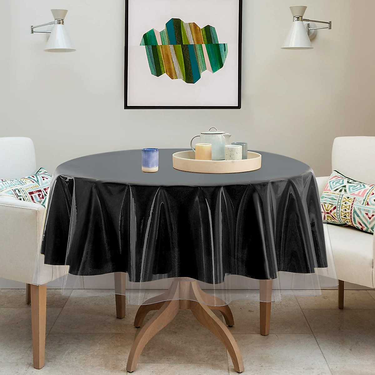 sancua Clear Plastic 100% Waterproof Round Tablecloth - 70 Inch - Vinyl PVC Table Cloth Protector Oil Spill Proof Wipe Clean Table Cover for Dining Table, Parties & Camping, Crystal Clear