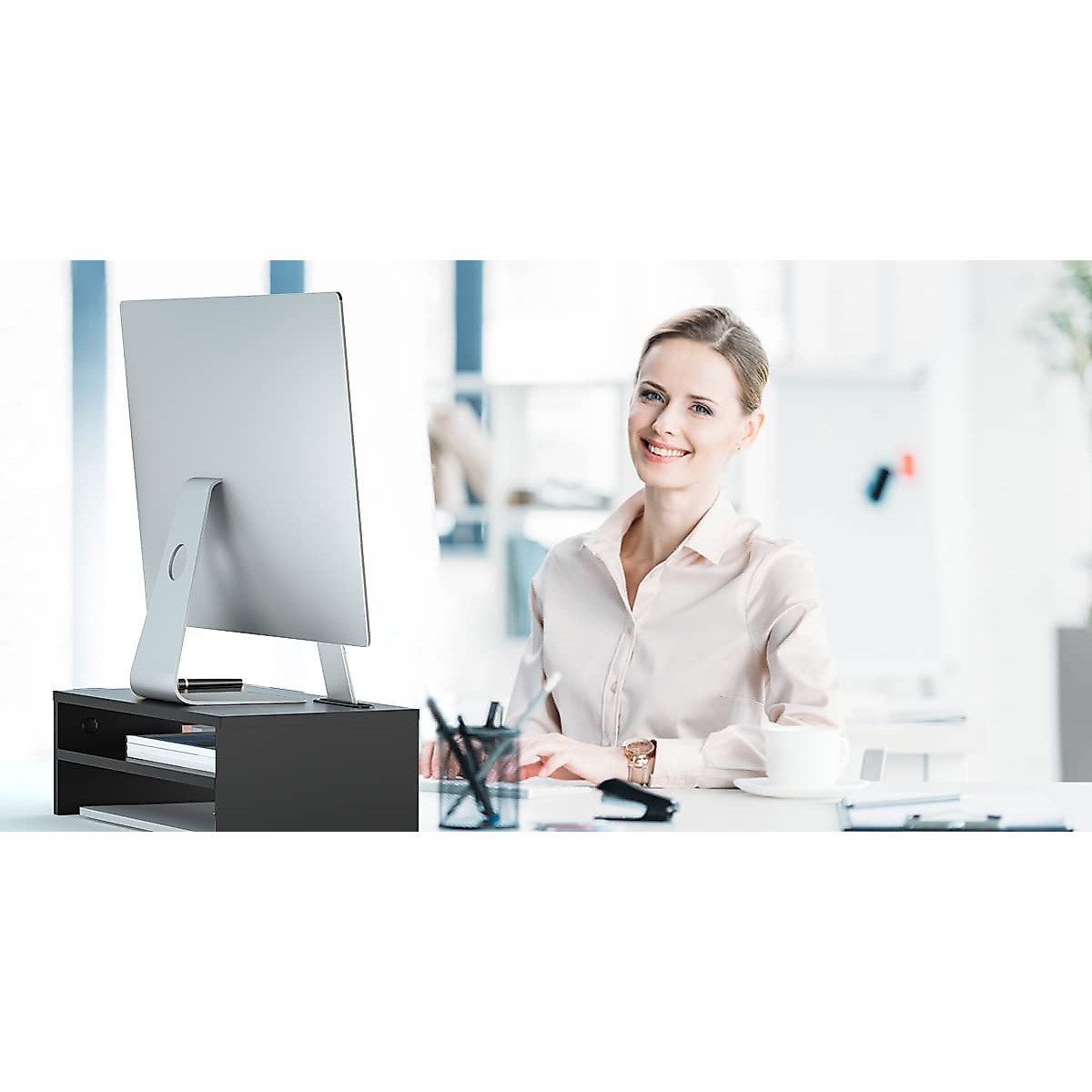 Monitor Stand Riser, 2 Tiers Wood Monitor Riser Stand with Storage Organizer, Desktop Ergonomic Monitor Stand Riser with Cellphone Holder and Cable Management, 16.5 Inch Shelf Black