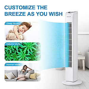 FREE VILLAGE JTF-03R 30'' Bladeless Tower Fan - 30 Inch Portable Tower Fan with Remote, 7.5 Hours Timer, 70° oscillation, Compact Size, 3 Modes and 3 Speed Settings, Safe for Kids and Pets, White