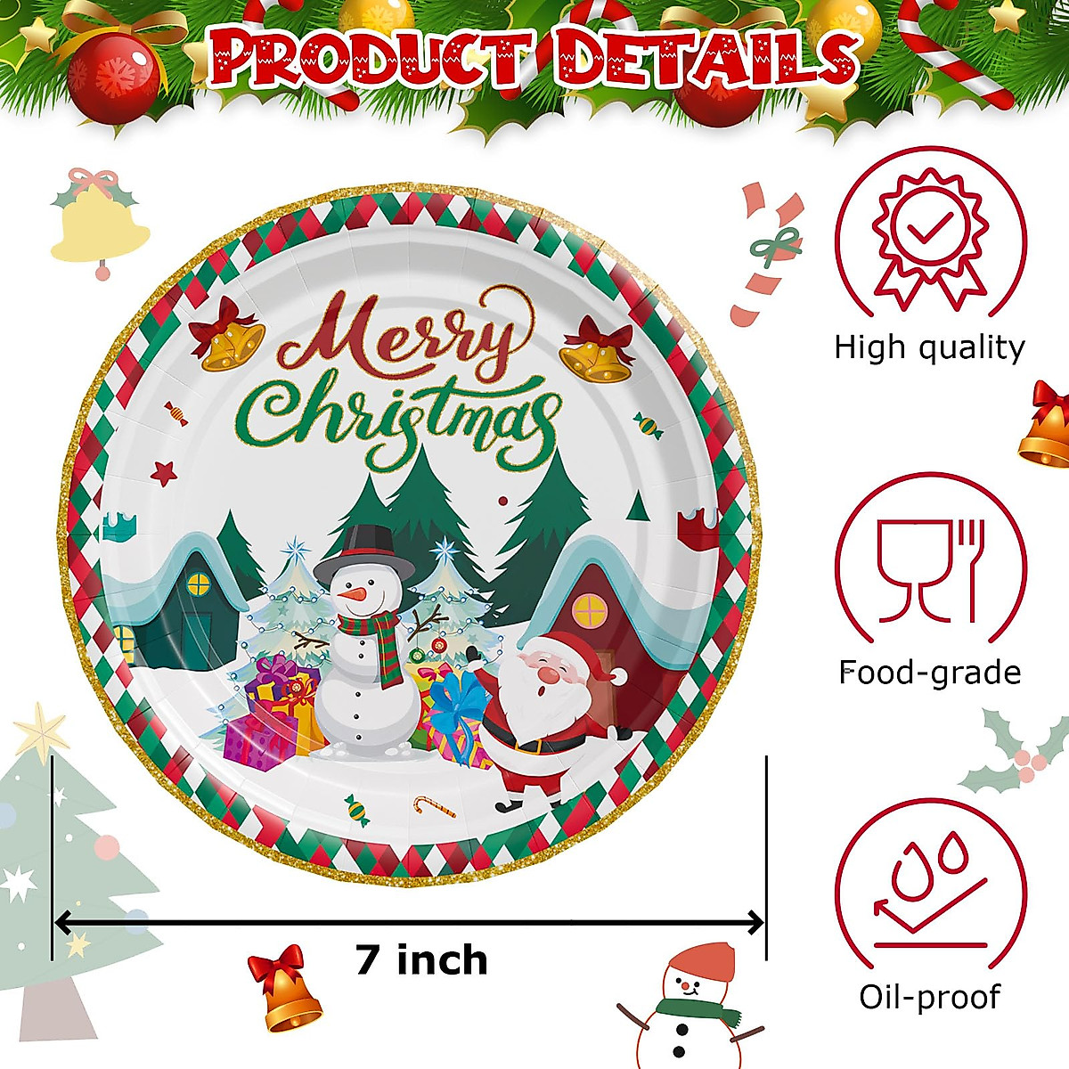 AFZMON 50 Pack Christmas Party Plates Dessert Paper Dinnerware Plates, 7 Inch Snowman Santa Gift Box Wooden Cottages Theme Disposable Round Plate for Xmas Holiday Party Supplies