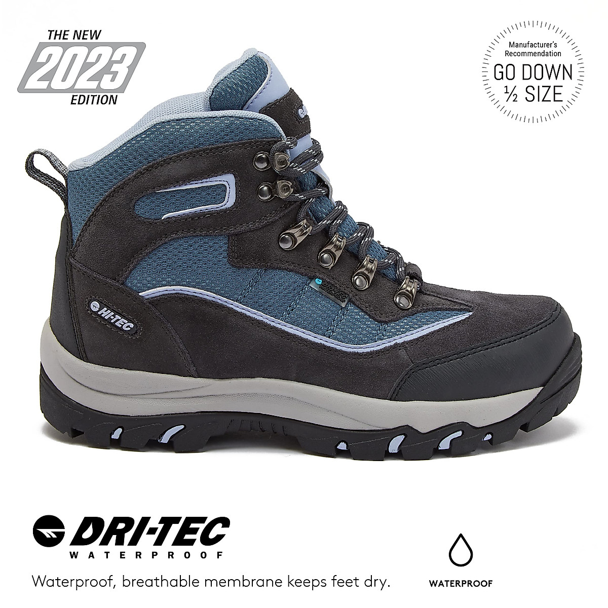 HI-TEC Skamania Mid WP Waterproof Women's Hiking Boots, New 2023 Model with High Performance Rubber Outsoles - Trail, Mountain and Backpacking Shoes - Dark Grey/Navy Blue, 7 Medium