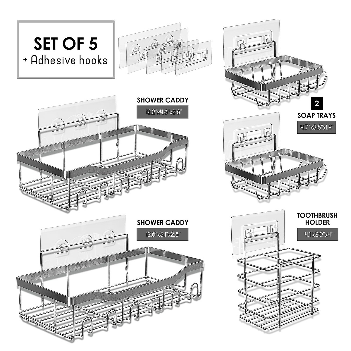 Clara Clark Shower Caddy Adhesive Shower Organizer, Shower Shelf Caddy for Bathroom Storage & Home Decor, Large Capacity Shower Rack Storage, Rustproof Shower Shelves, Stainless Steel Shower Caddies