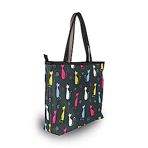 ZENWAWA Colorful Cat Silhouette Tote Bag Aesthetic, Zipper Large Capacity Women Grocery Bag Purse Shoulder Bag 2 Sizes