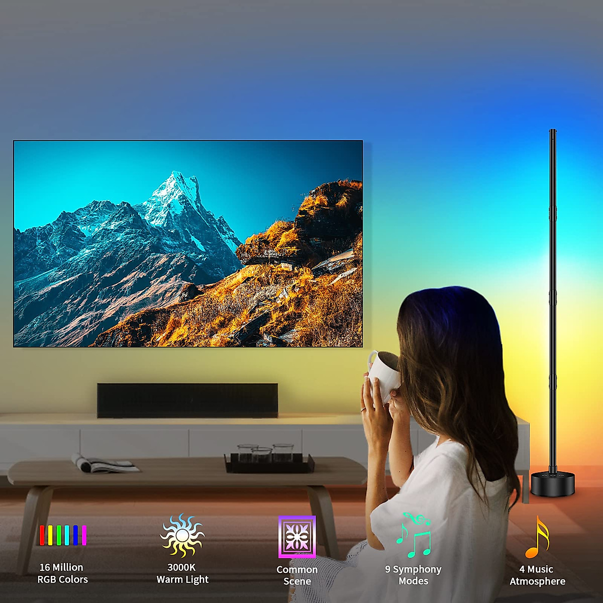 Skenia LED Corner Floor Lamp, RGB+Warm White Corner Lamps Floor Lamps, 16 Millions Color Changing Ambient Corner LED Light with Music Sync, Smart App and Voice Control Compatible with Alexa Mood Light