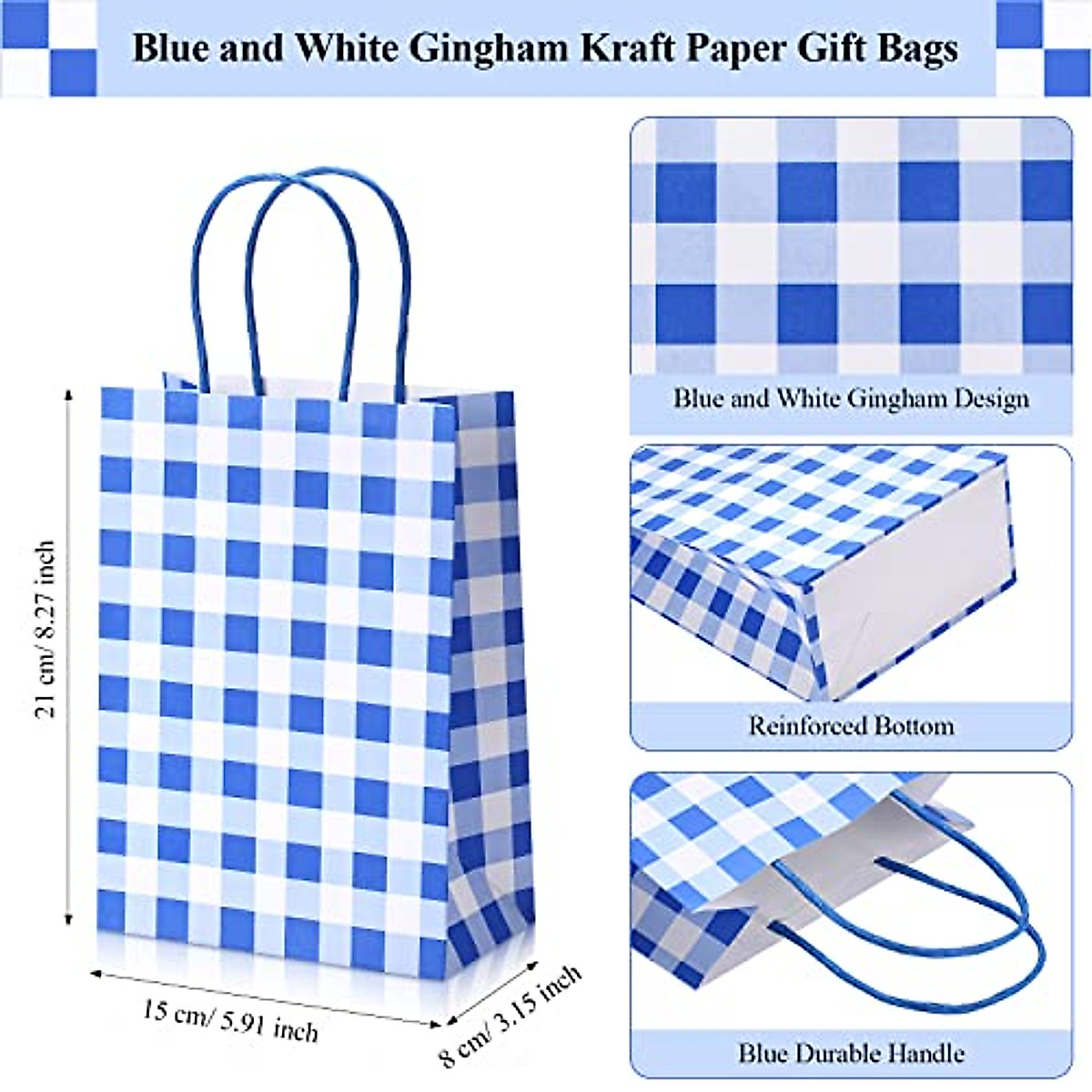 30 Pieces Gingham Gift Bags Kraft Paper Bag Christmas Buffalo Plaid Bag Present Bag Party Favor Bag with Handle Goody Bag for Christmas Birthday Party Supplies, 5.91 x 8.27 x 3.15 Inch(Blue White)