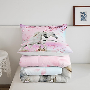 Manfei Farmhouse Horse Kids Comforter Set Twin Size,Sakura Cherry Blossom Romantic Bedding Set,Girls Boys Women Room Decor,Flowers Animals Rustic Down Comforter,Pink Dreamy Duvet Insert,1 Pillowcase