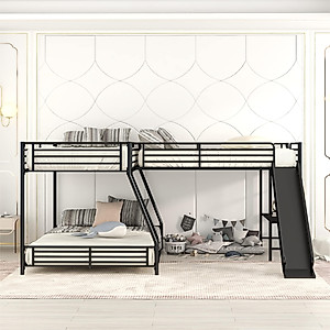 GINGVAT Twin Over Full BunkBed with LoftBed,L-Shaped Triple Bunk Bed with Slide,Built-in Desk for Kids,No Spring Box Required,Black